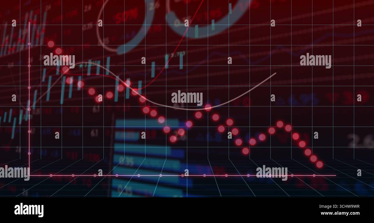 Displaying red dotted downtrend line slicing grid screen, with blue ...