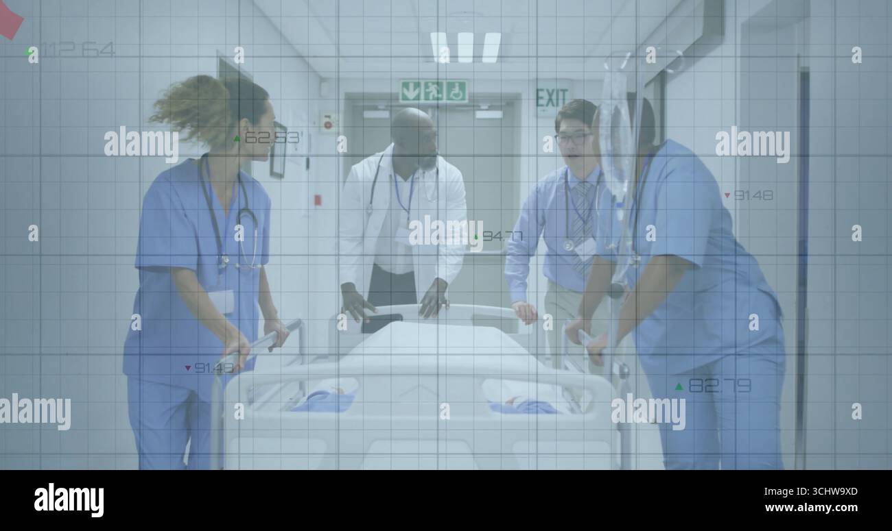 Walking medical team wearing scrubs and lab coat pushing gurney in ...