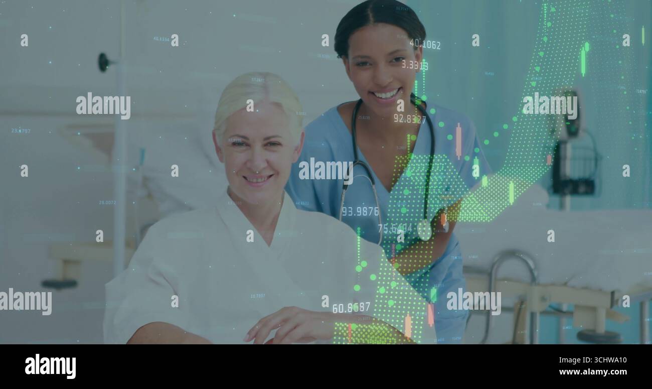 Smiling nurse in scrubs with stethoscope checking gown-clad patient in ...