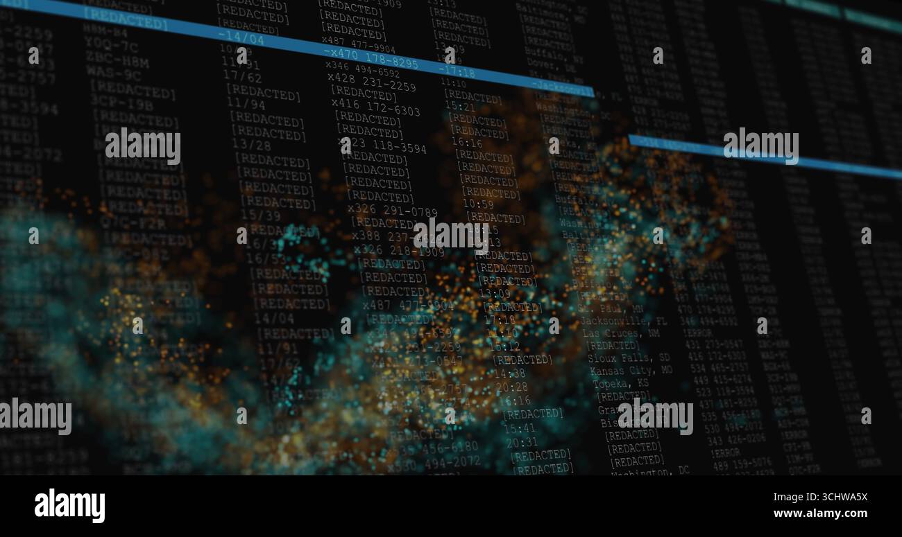 Animating glowing teal particles swirling over interface, with redacted ...
