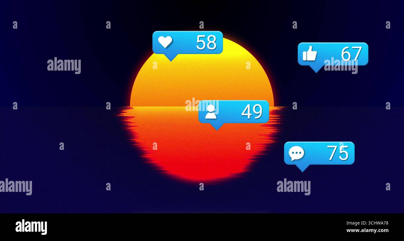 Shining sun sending blue notification bubbles showing counts over ocean ...