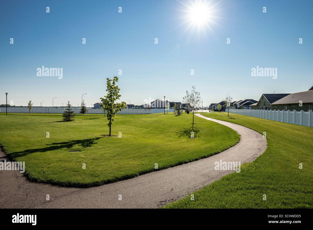 Scenic ground-level photo of Larry Erber Park’s paths, grassy lawns ...