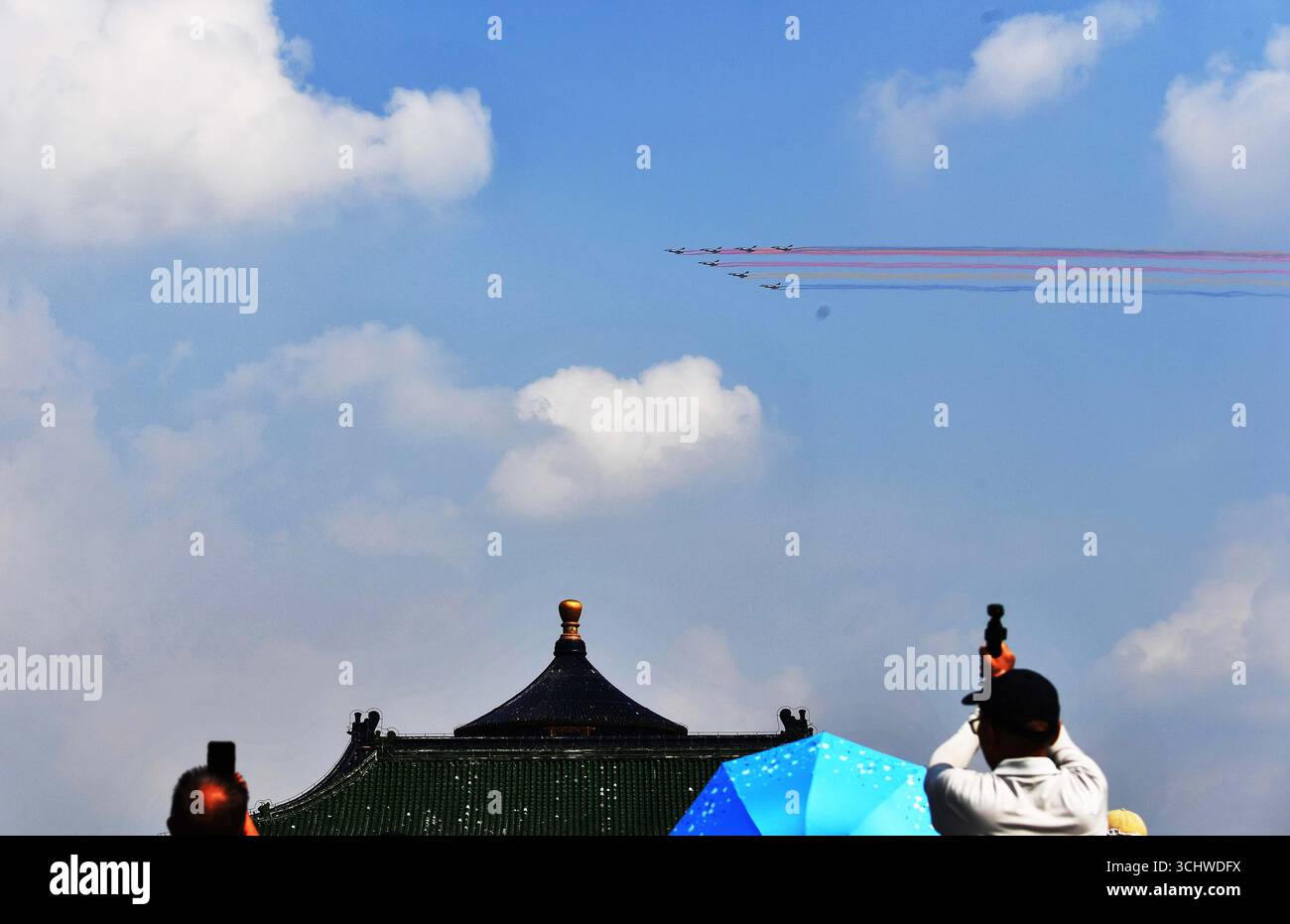 The aerial echelon flies over the sky during the military parade to ...