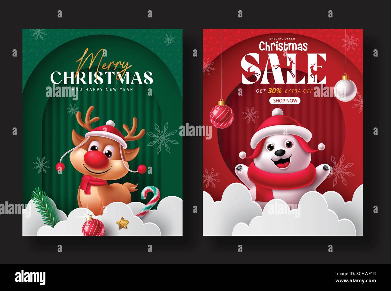Merry Christmas and Holiday Sale Posters with Reindeer Character and ...