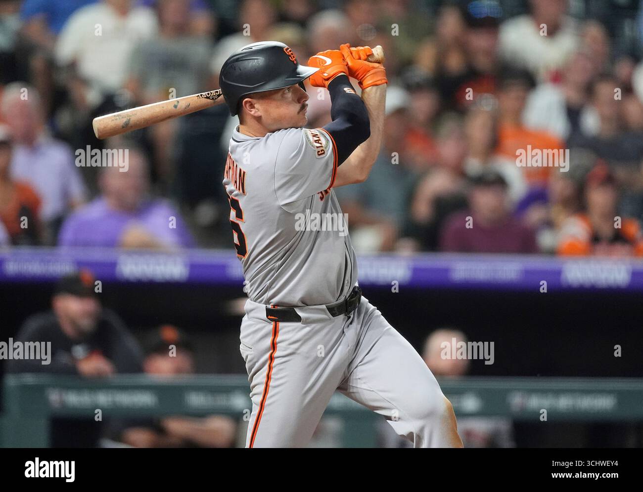 San Francisco Giants' Matt Chapman follows the flight of his three-run ...
