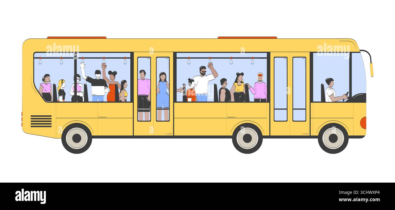Crowded yellow bus with passengers and driver doodle cartoon ...