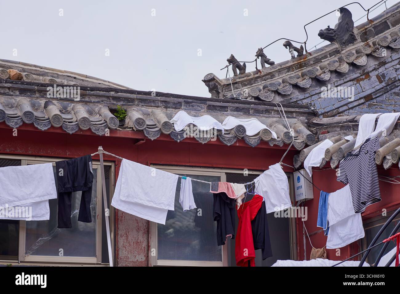 Washing hanging from temple buildings on Taishan or Mount Tai, the most ...
