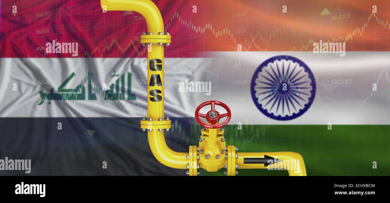 Gas pipeline with Iraq and India flag. Production and export of Iraqi ...