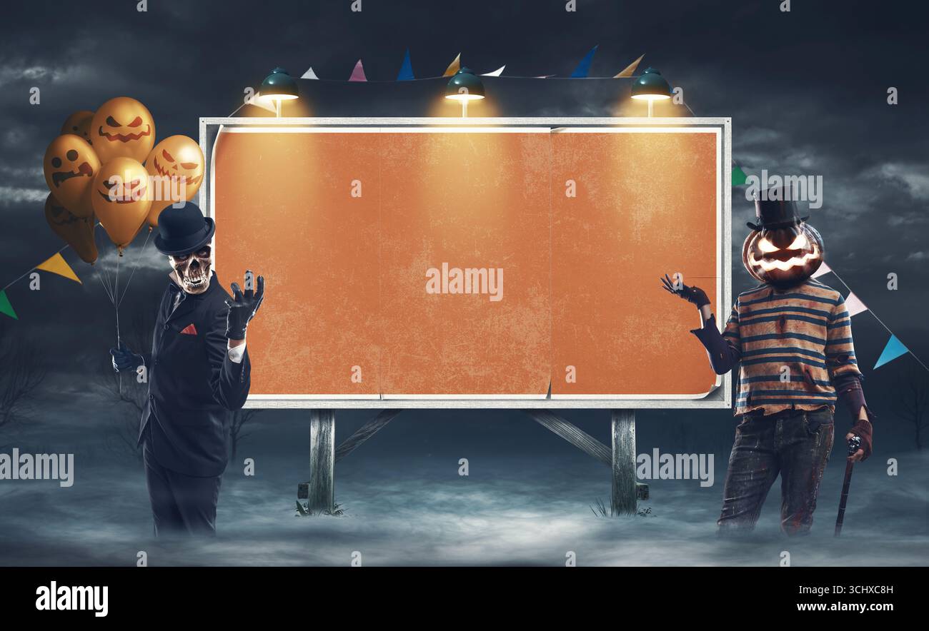 Billboard ad with copy space and creepy horror Halloween characters ...