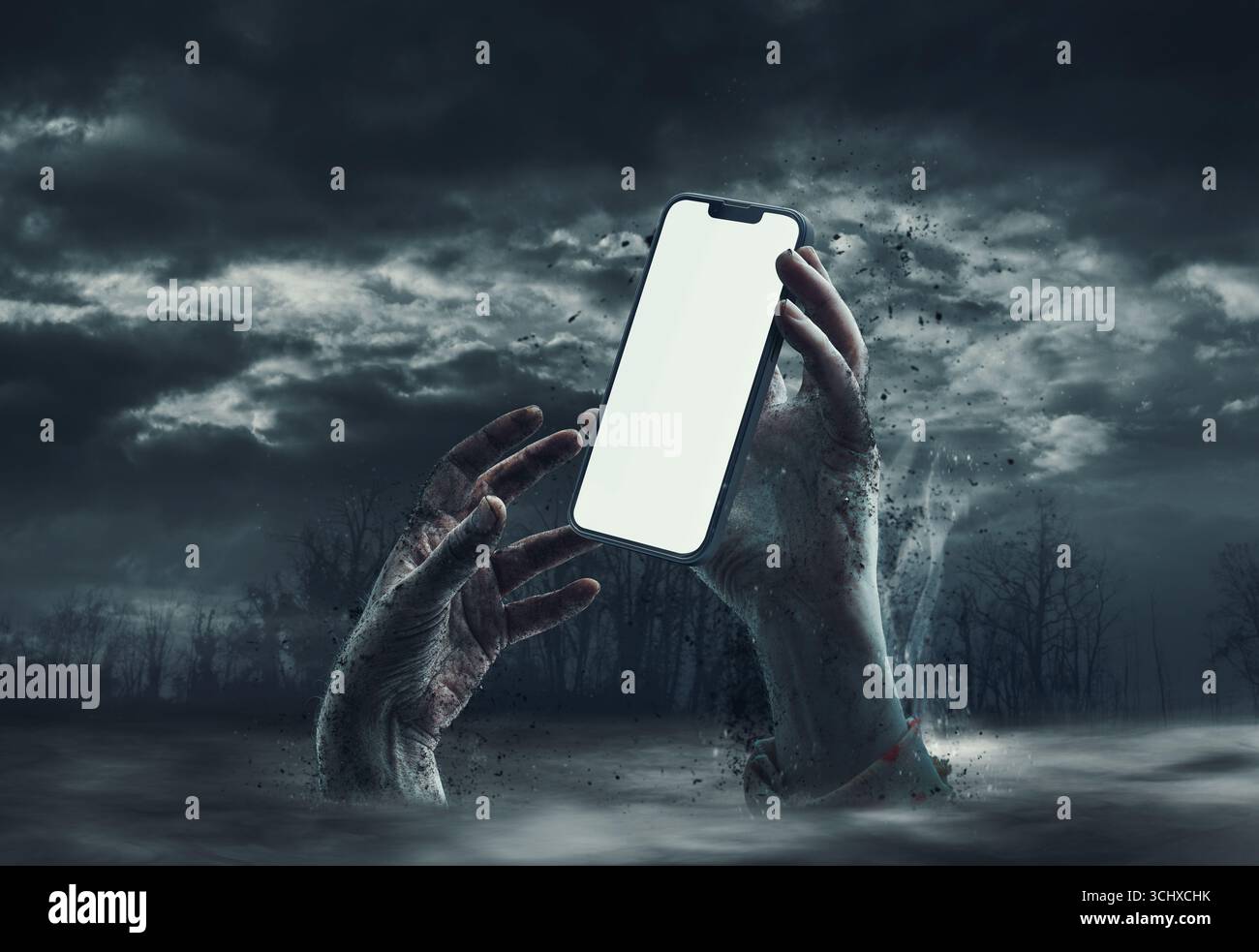 Zombie hands rising out of the ground, one is holding a smartphone with ...