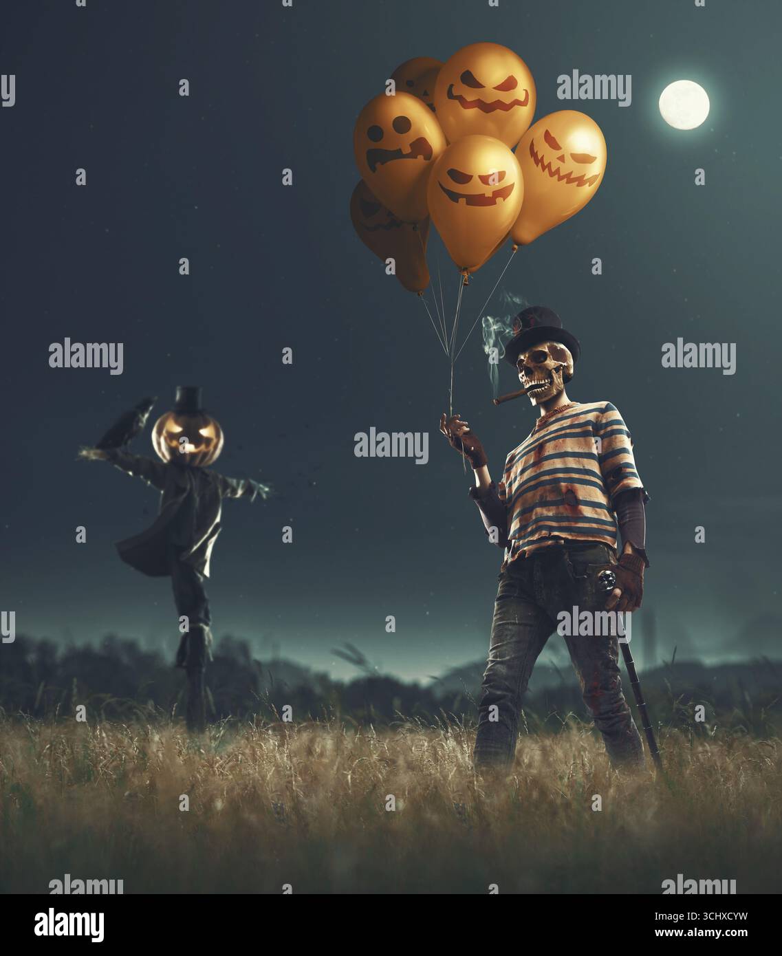 Spooky skeleton holding balloons and scarecrow with pumpkin head in the ...