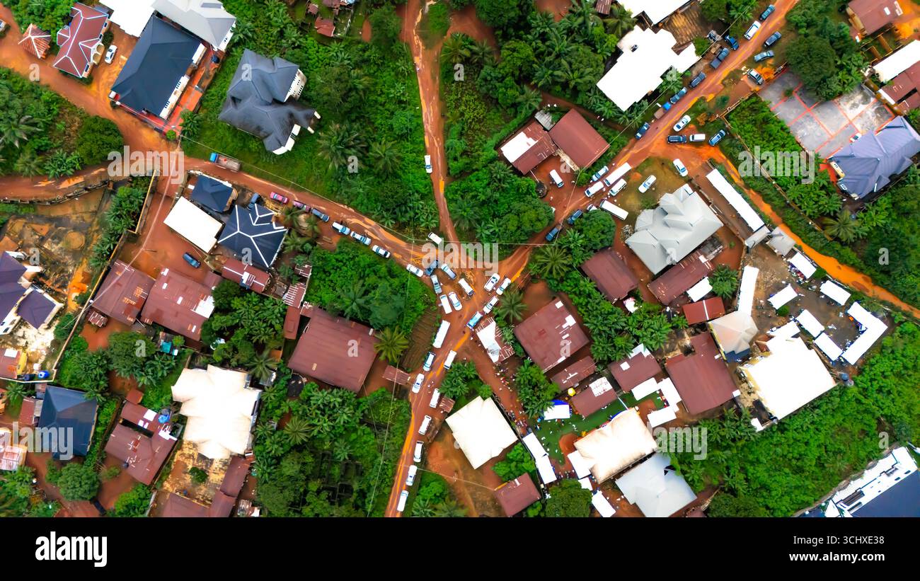 Aerial view of rustic rooftops nestled amidst vibrant green foliage ...