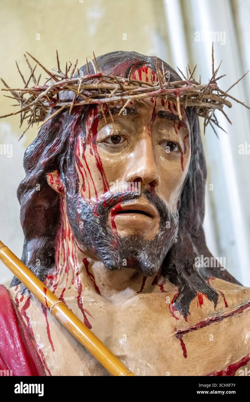 Sardinia, maltreated and bleeding face of Jesus with crown of thorns ...