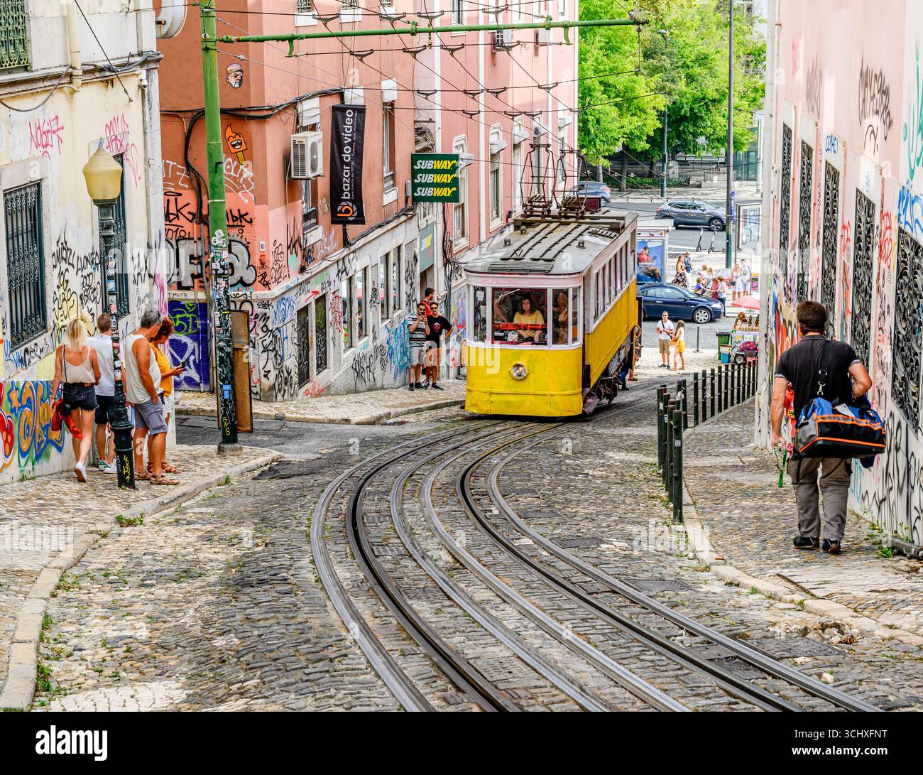 Tramcar ascending the Lisbon Funicular (Elevador da Glória Stock Photo ...