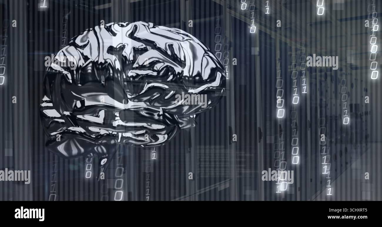 Floating metallic brain pulsing amid falling binary code streams in ...