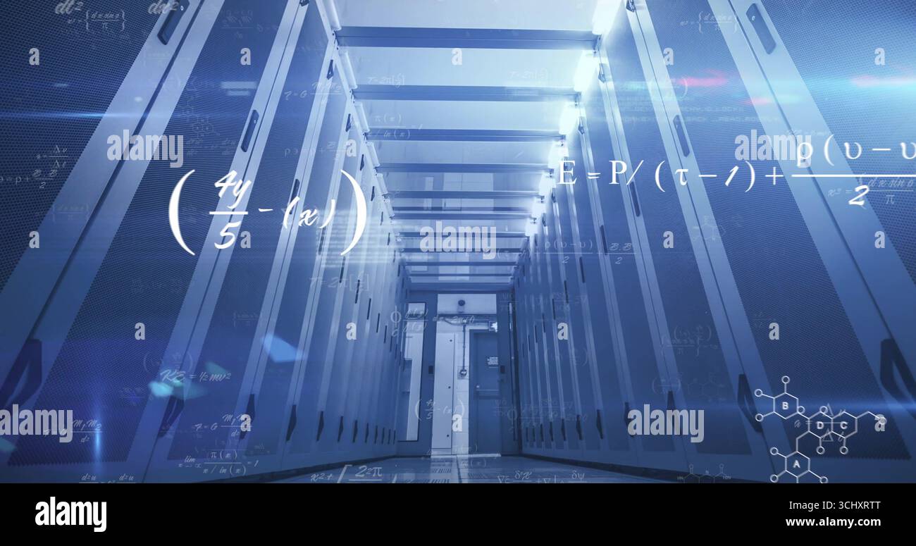 Showing aisle in datacenter featuring racks under LED, with reflective ...
