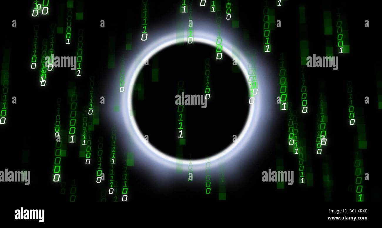 Glowing luminous ring surrounding circular void in digital space ...