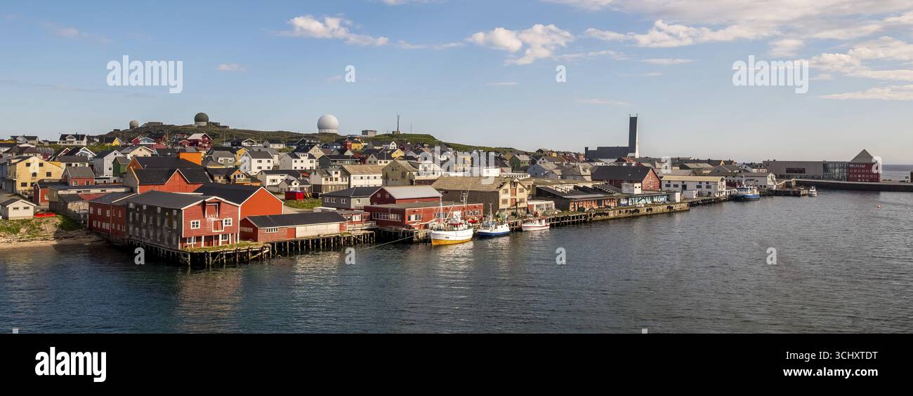 Panorama, Vardo Observatory, harbour with fishing boats, church and ...
