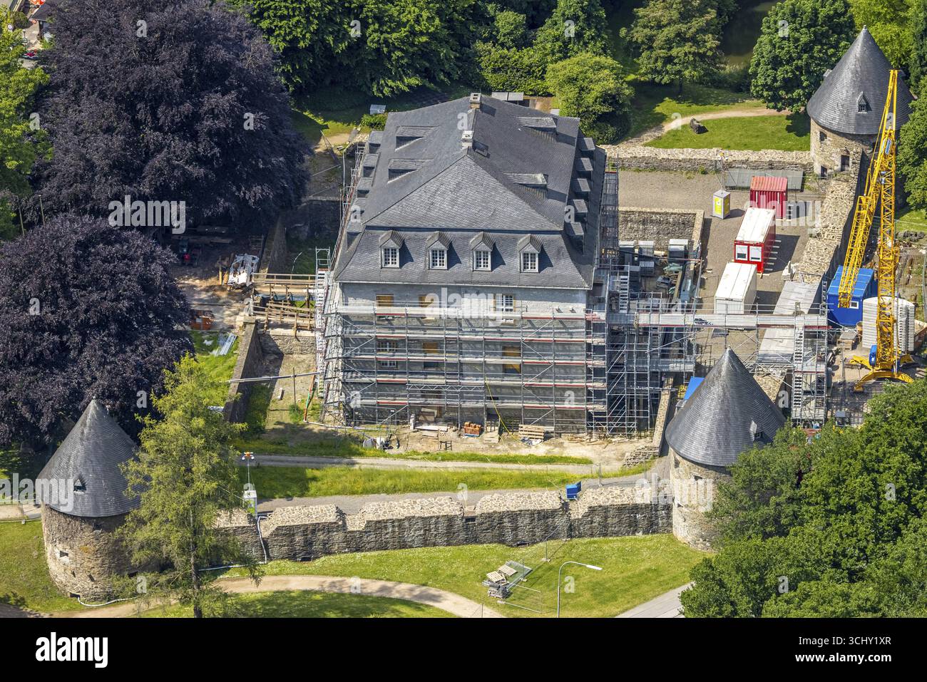 Aerial view, Hardenberg Castle with round towers, construction site ...