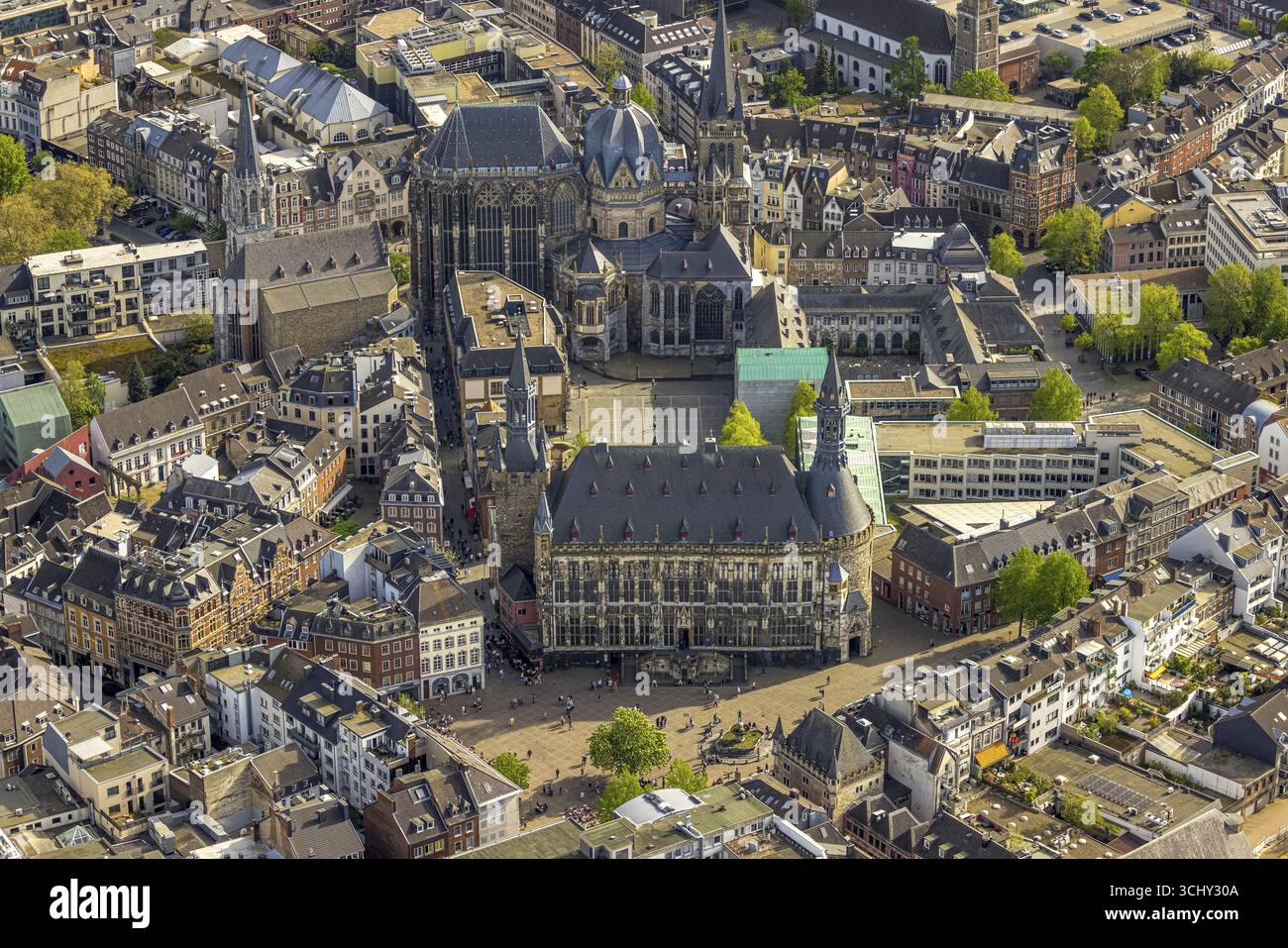 Aerial view, town hall with market square and Aachen Cathedral with ...