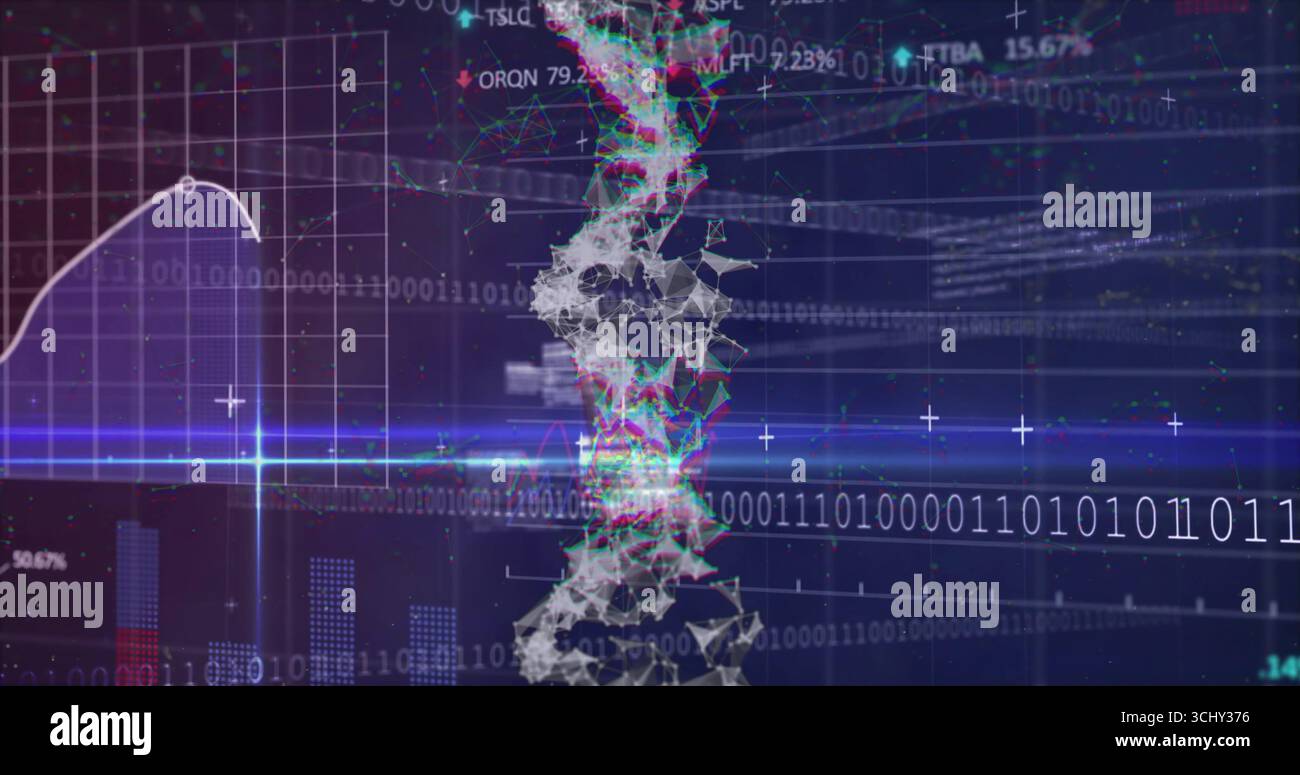 Displaying DNA helix floating in analytics environment, with binary code, line graph and ...