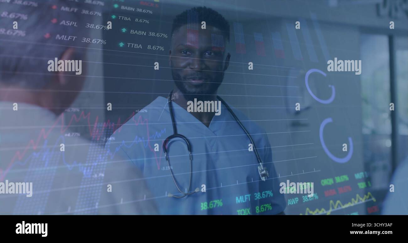 Doctor in scrubs and stethoscope analyzing charts, tickers on display ...