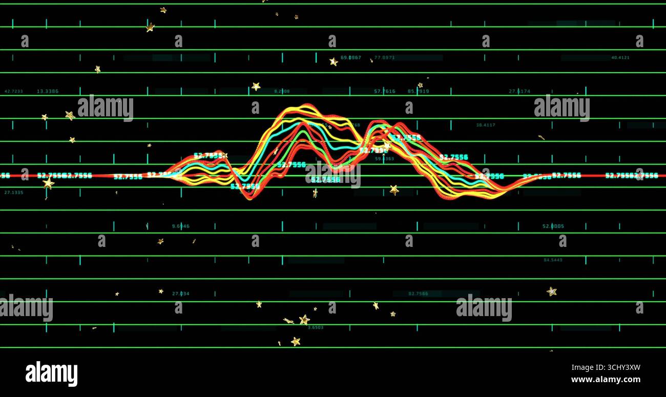 Displaying colorful waveform pulsing over green grid on monitor screen ...