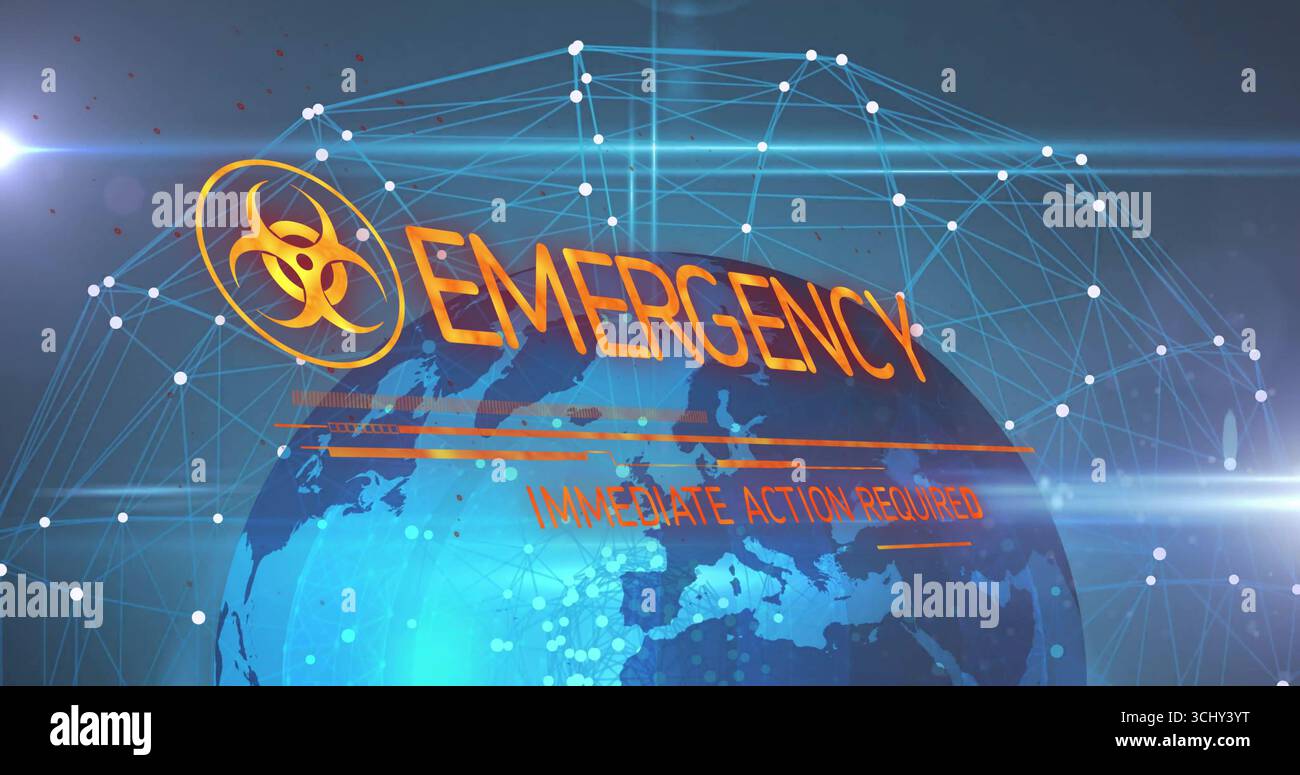 Displaying orange biohazard symbol and EMERGENCY text over monitoring ...