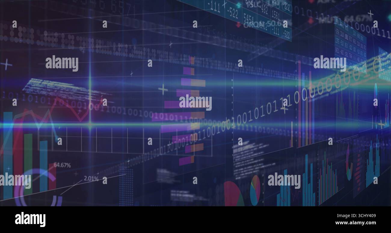 Displaying central data interface scrolling binary code on dark grid, with bar graphs, line ...