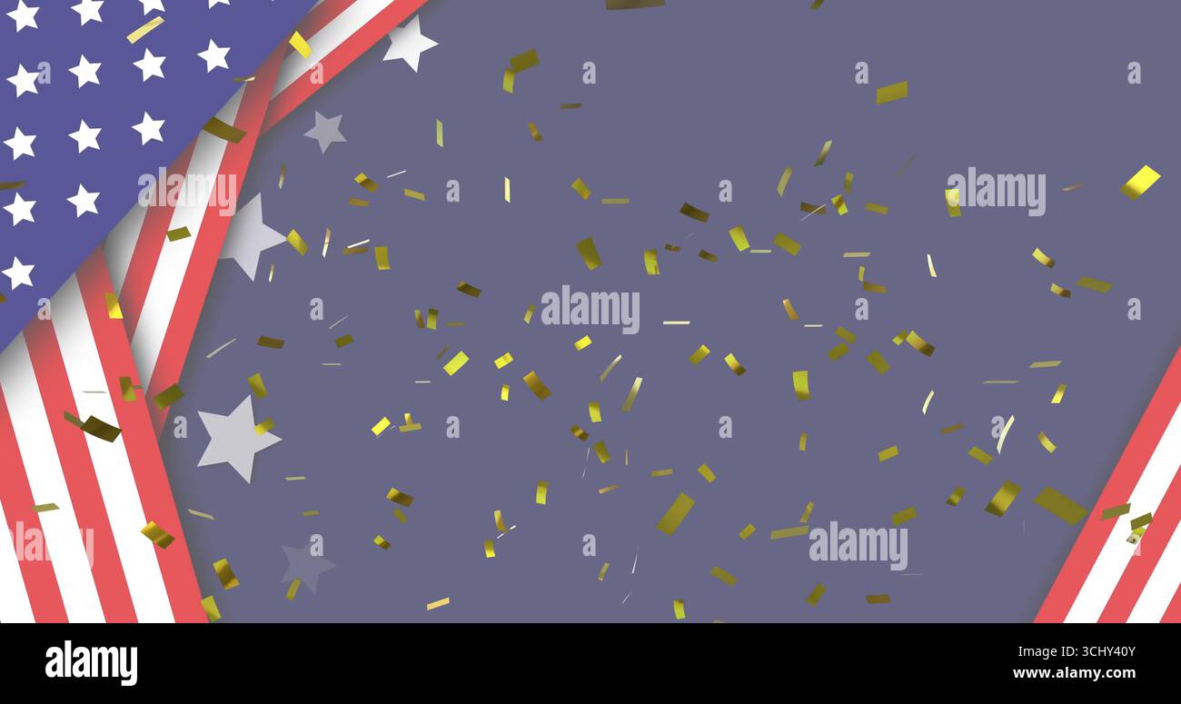 Floating gold confetti drifting across purple graphic background, with ...