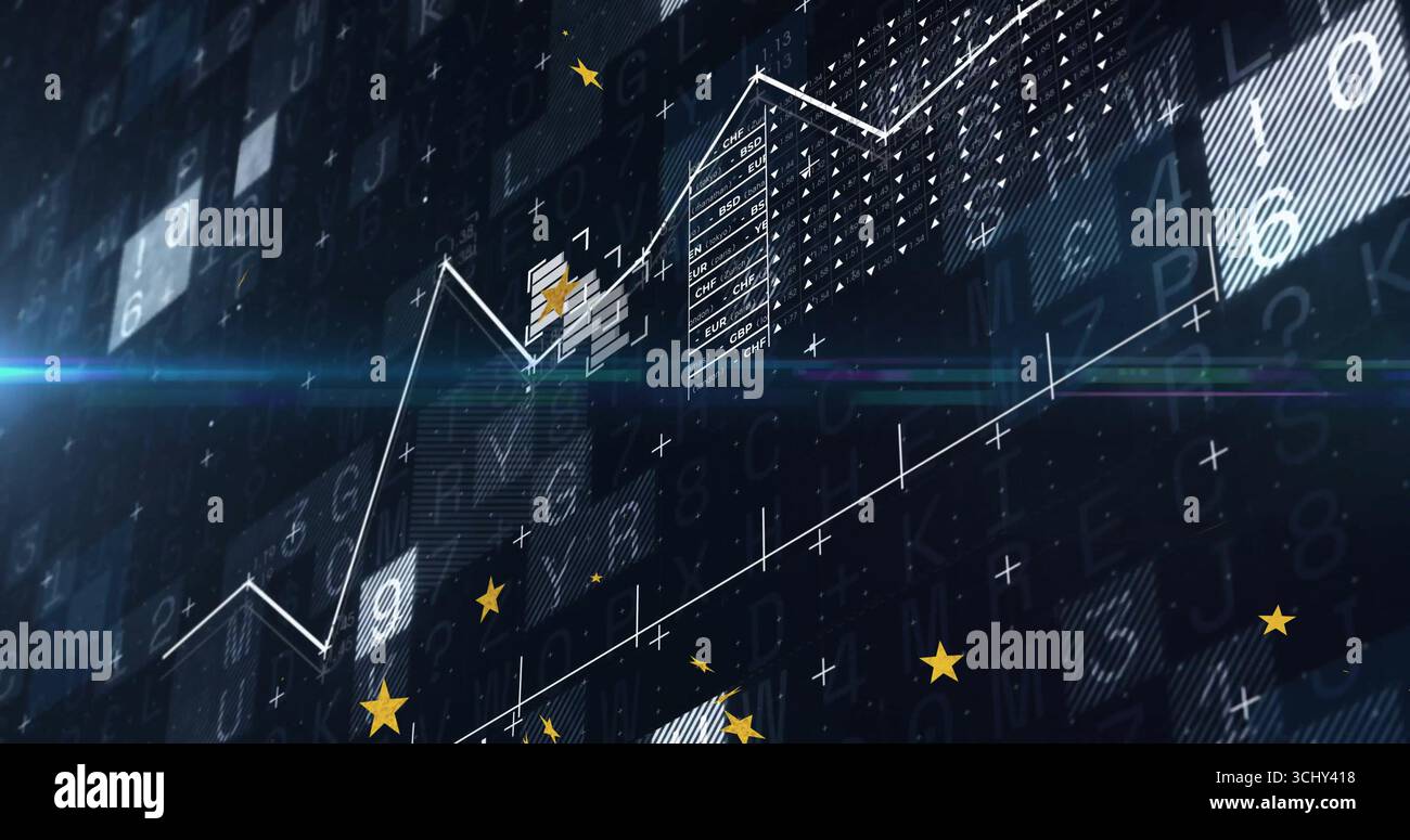 Displaying white line chart pulsing over interface, with currency ...
