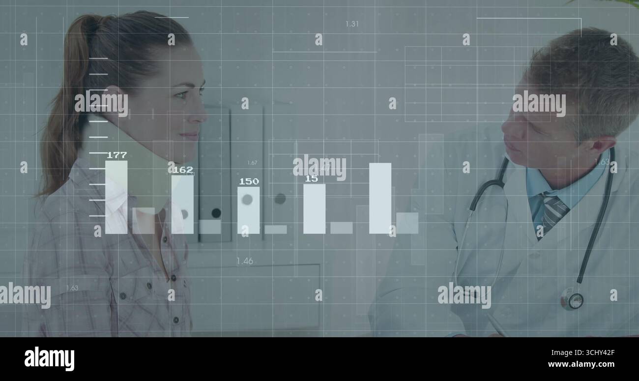 Standing female patient and male doctor discussing data in clinic, with ...