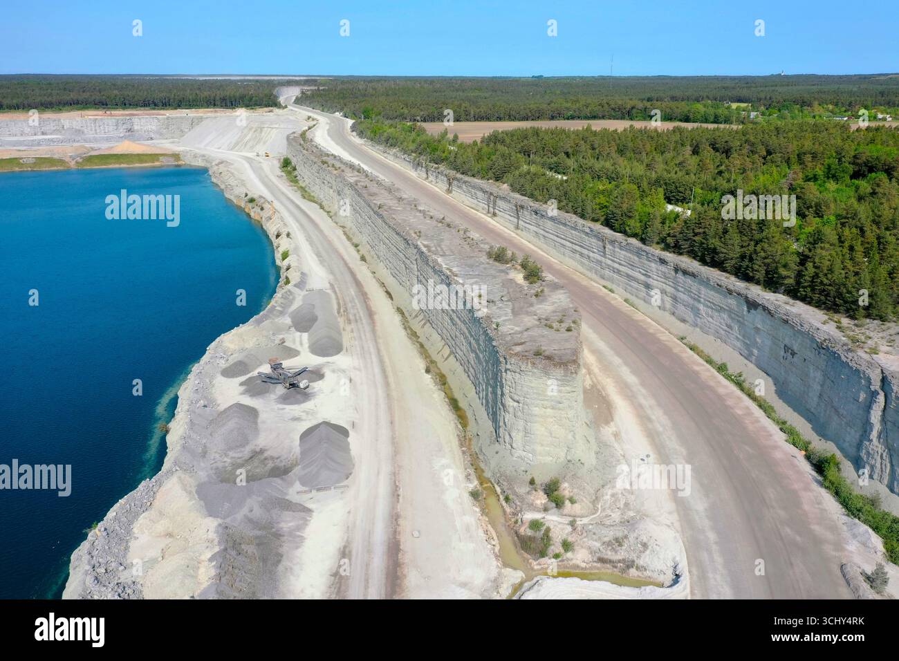 quarrying limestone for cement production, aerial view, Sweden, Gotland ...