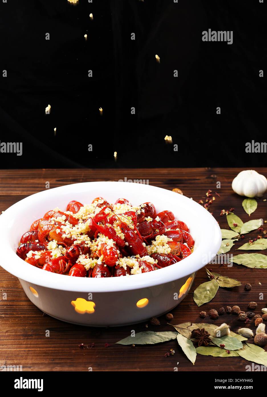 Garlic Crayfish with Minced Garlic Sprinkle in White Bowl on Rustic ...