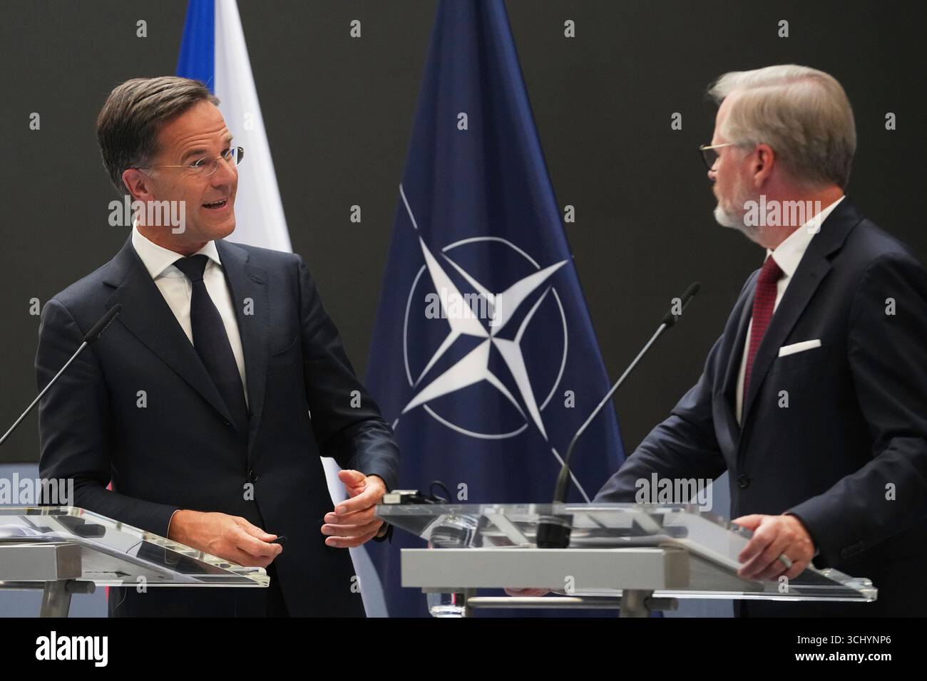 NATO Secretary General Mark Rutte, left, and Czech Prime Minister Petr ...