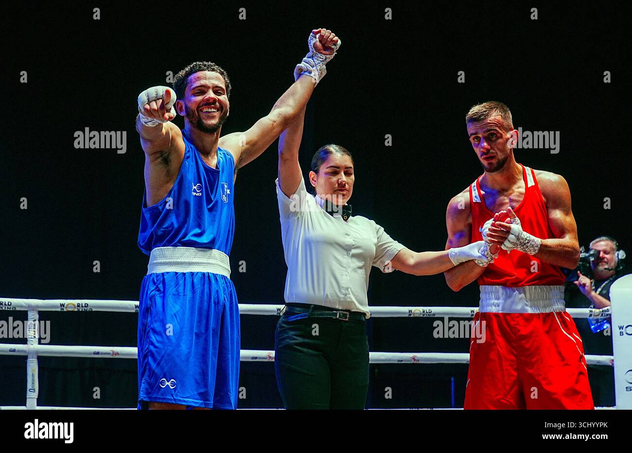 Ellis Trowbridge of England (left) celebrates his victory over Ardit ...