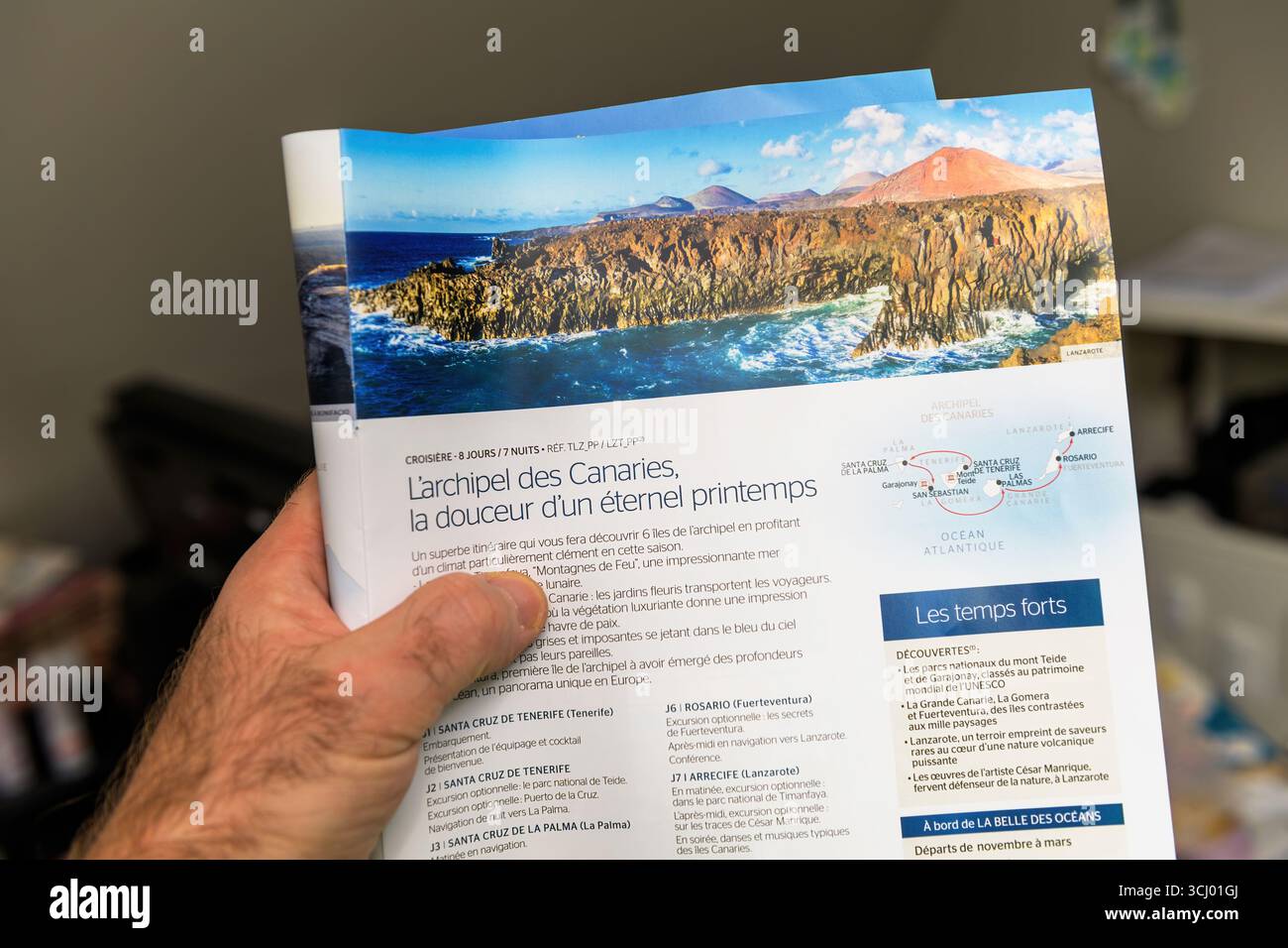 Paris, France - Jan 14, 2025: Travel brochure page showing Canary ...