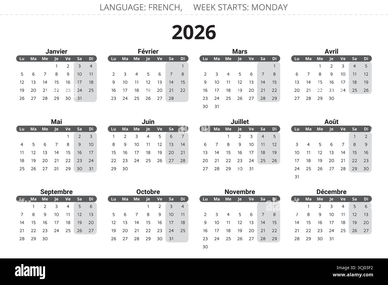 2026 french calendar. Vector year illustration for France in grey ...
