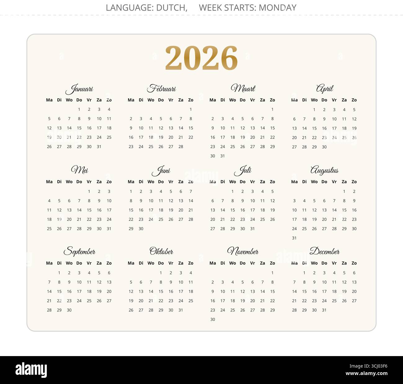 Dutch calendar 2026. Modern vector illustration for Dutch. 12 months ...