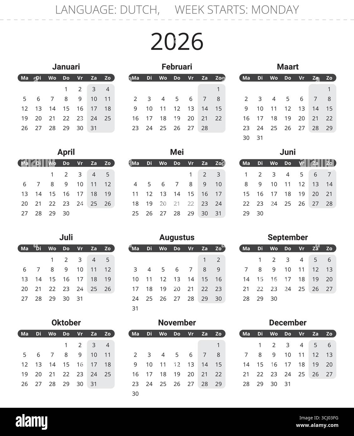 Dutch calendar 2026. Vector illustration. 12 months year kalender ...