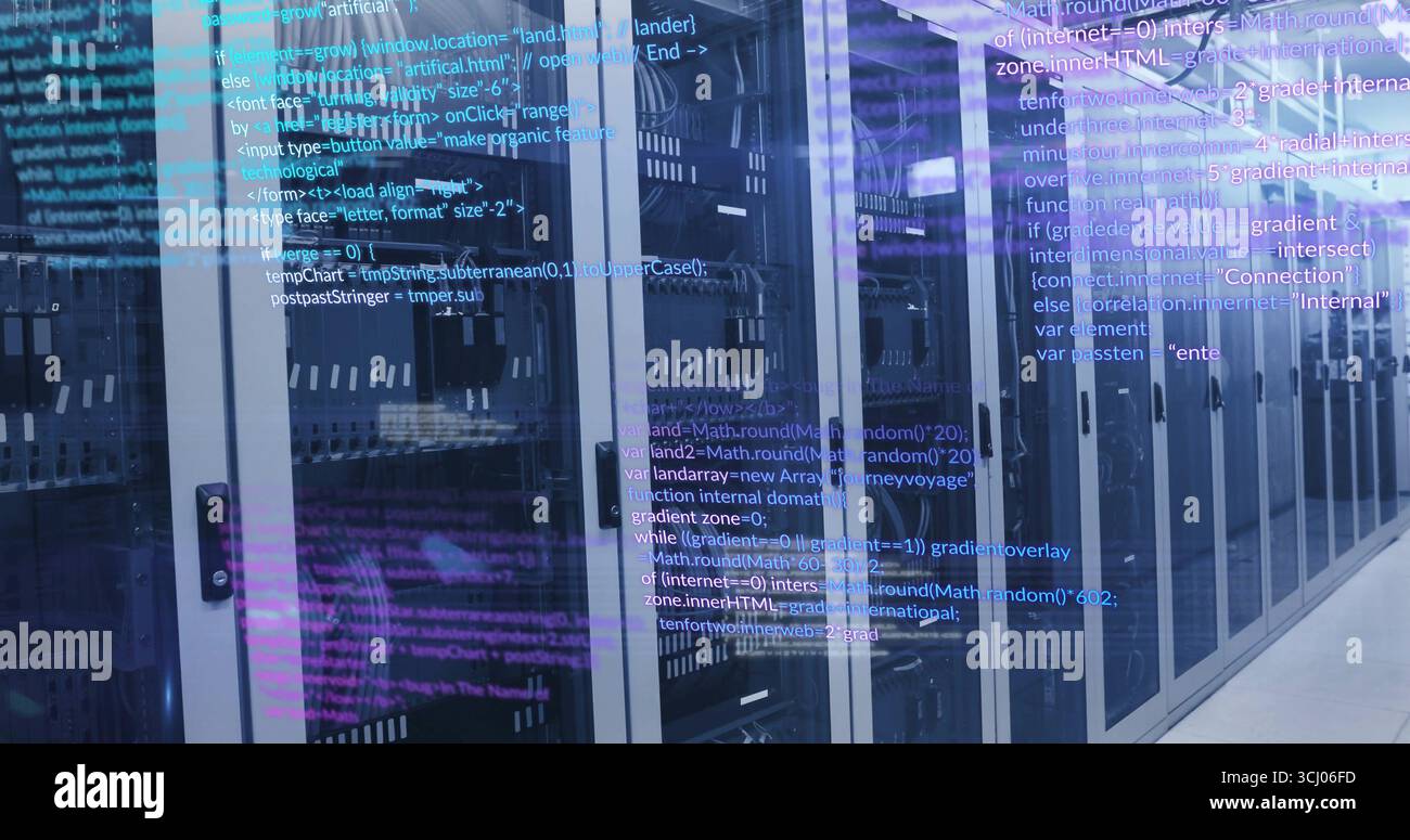 Glowing server cabinets emitting colored light in server room, with ...