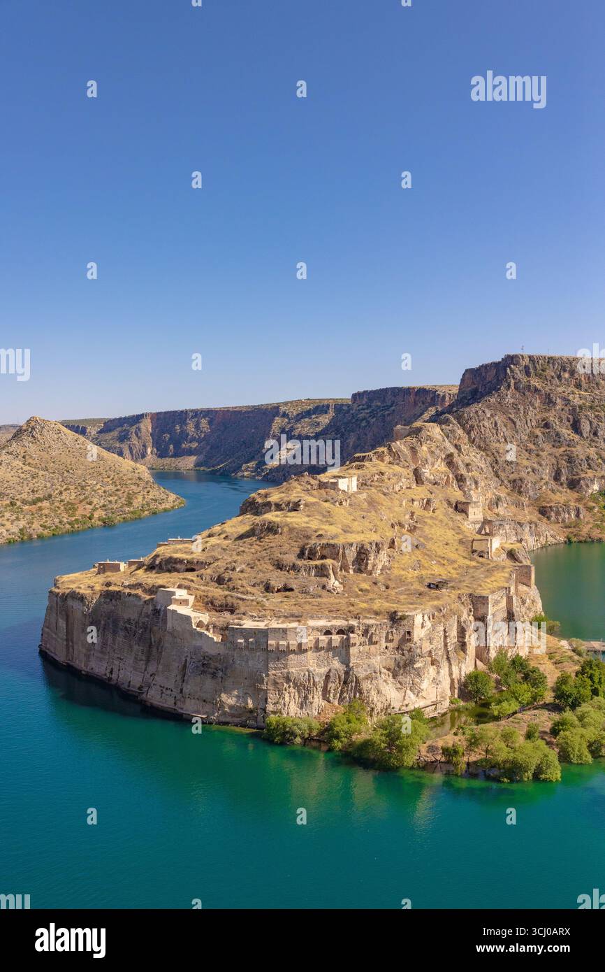Vertical view of Rumkale fortress and Euphrates River in Gaziantep ...