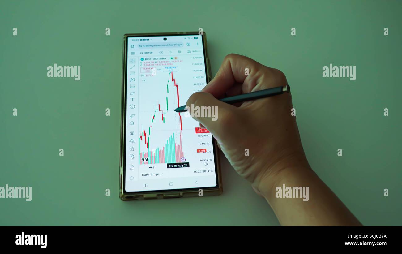 A person monitors the sharp decline of the Turkish BIST 100 XU100 stock ...