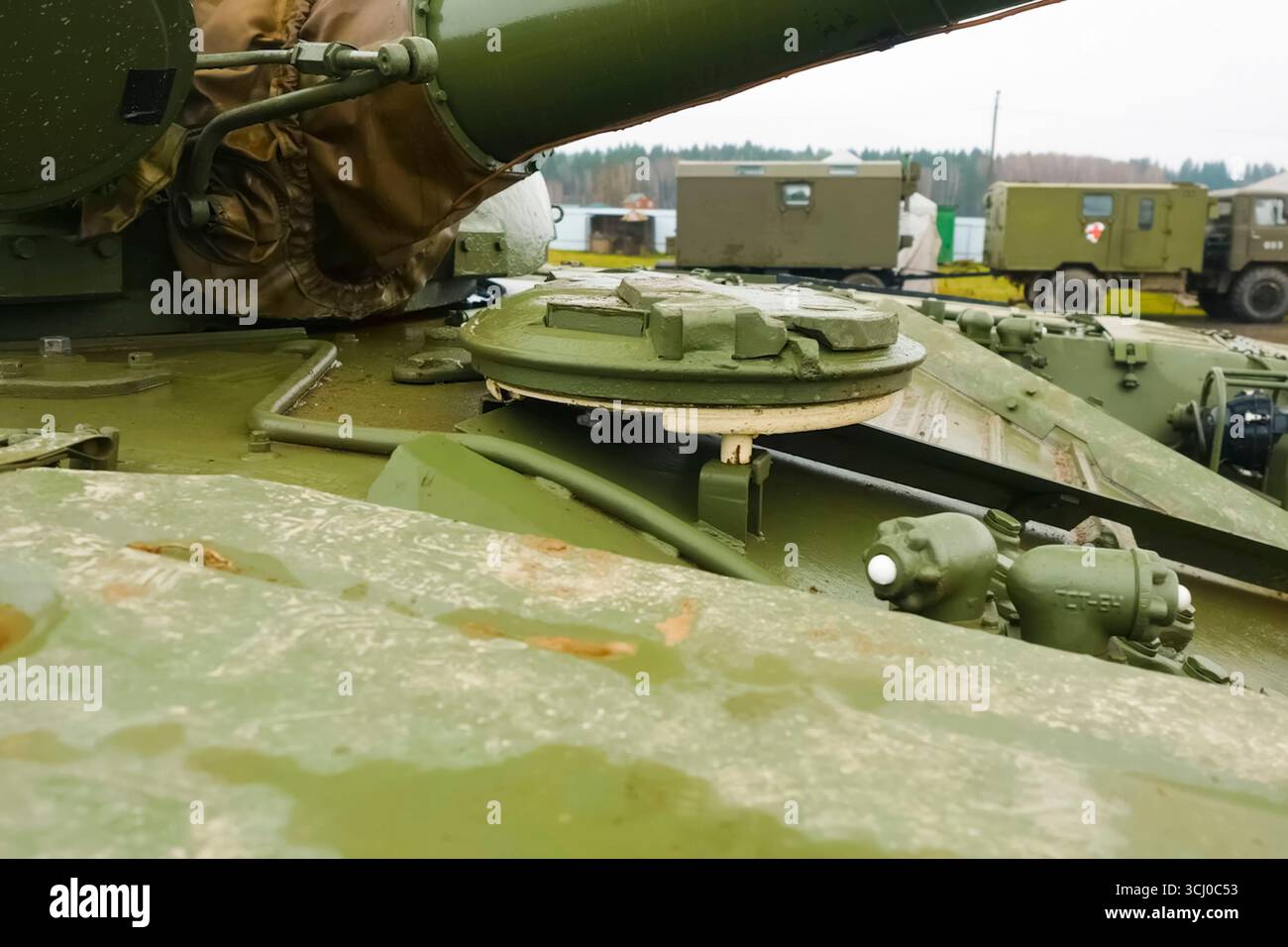 T-72 tank testing at proving ground, overall view with hull and turret ...