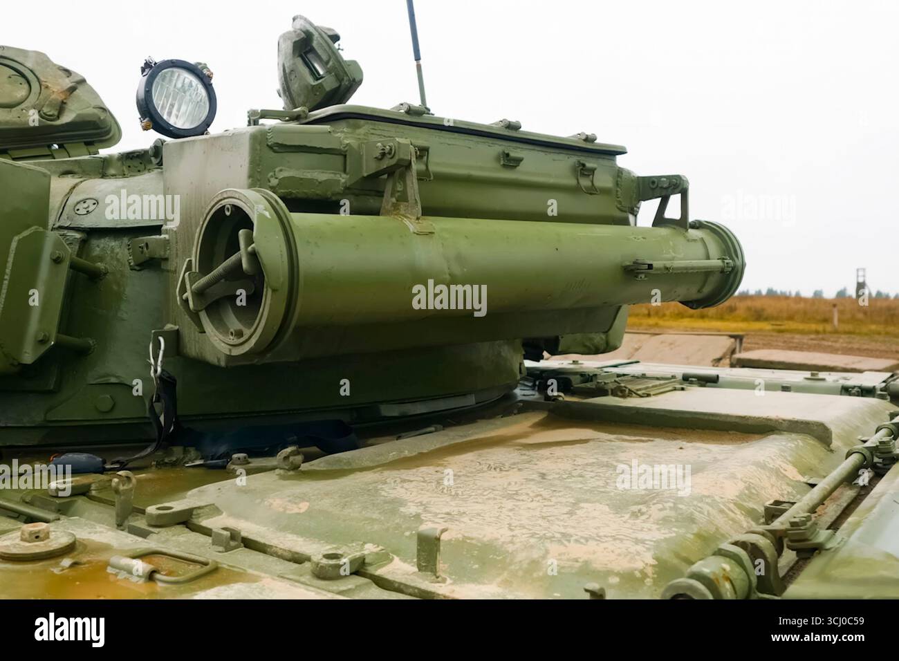 T-72 tank testing at proving ground, overall view with hull and turret ...