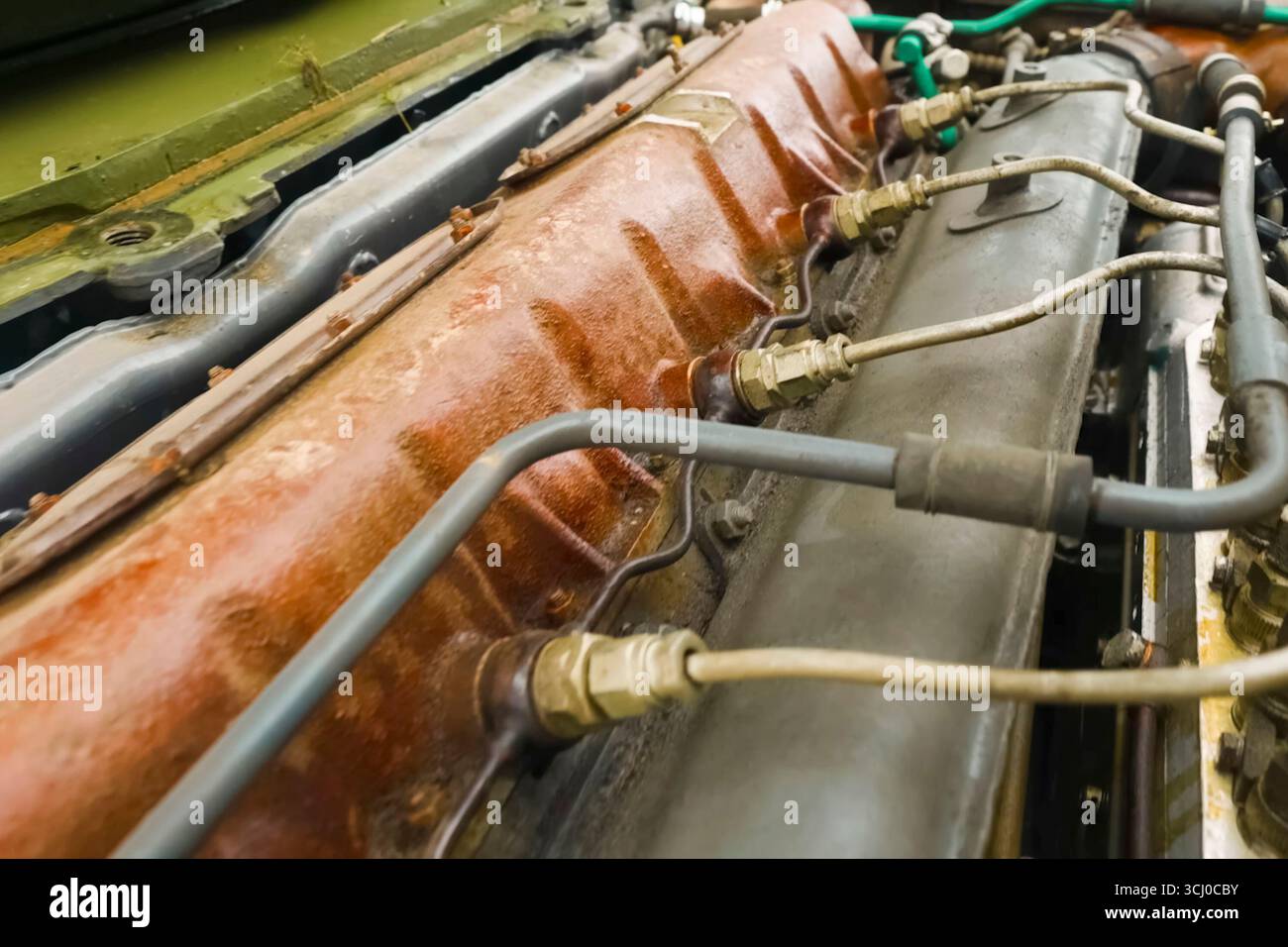 T-72 tank engine, view from open maintenance hatch. T-72 tank testing ...