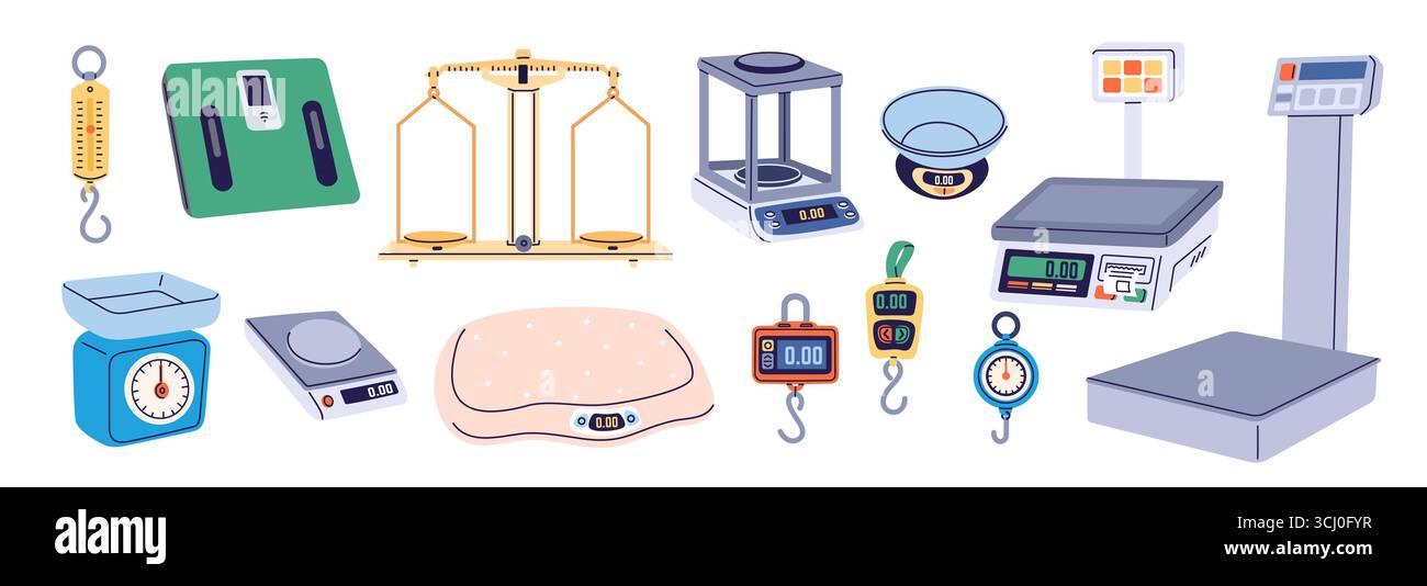 Different scales types. Weight measurement, cartoon electronic and ...