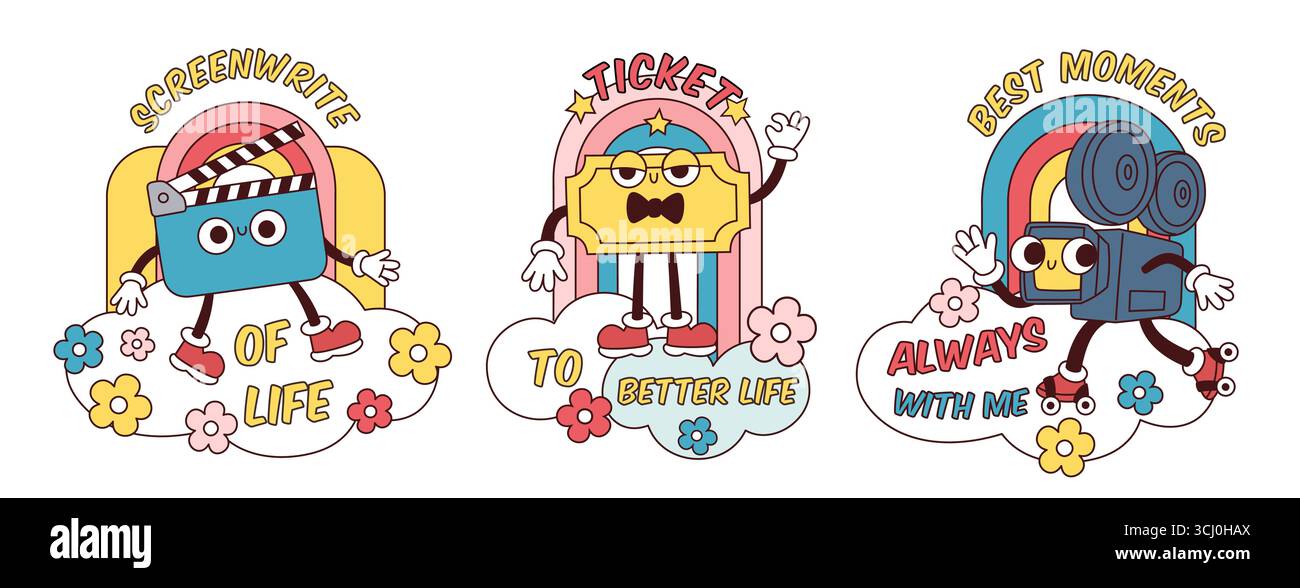 Funny cinema stickers. Retro movie characters, with inscriptions, film ...