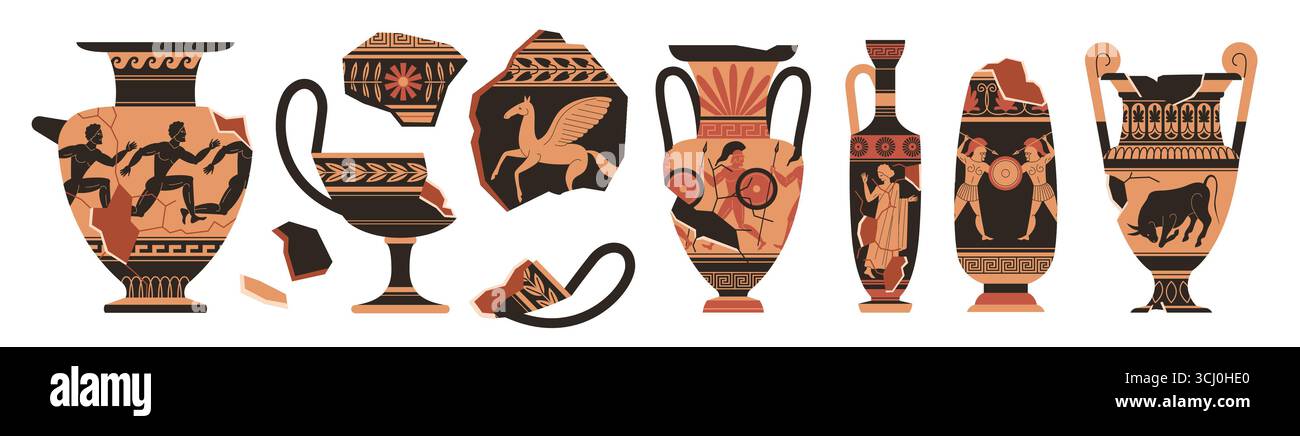 Cracked ancient greek pottery. Broken traditional vases with decorative ...