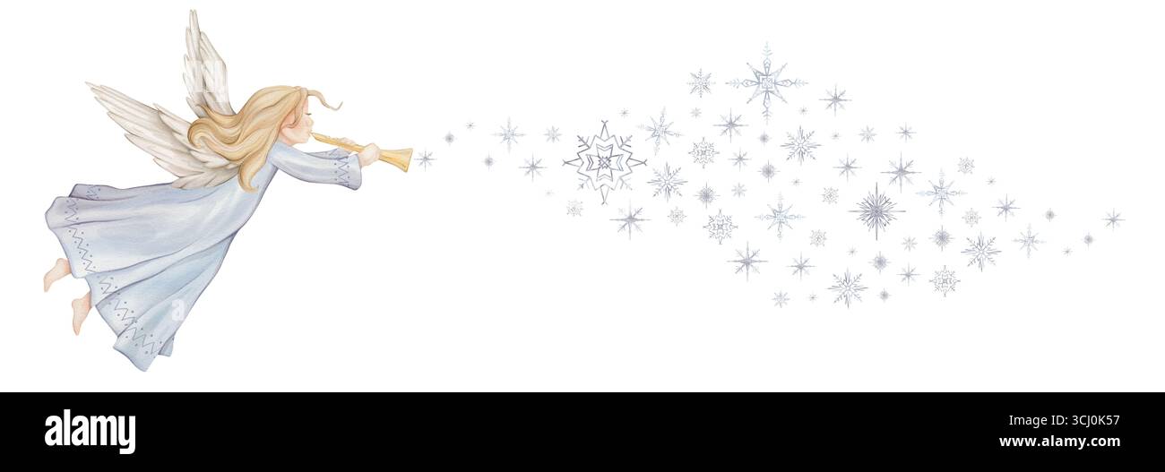 Christmas angel trumpets with light hair and blue dress watercolor ...